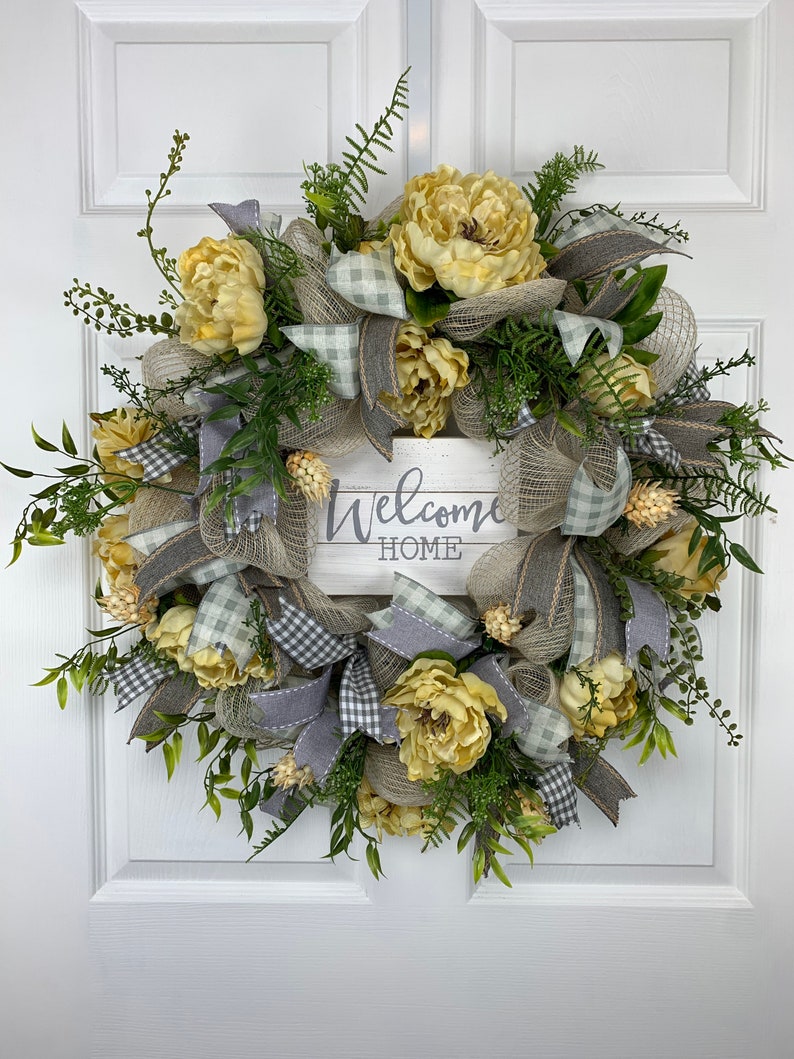 Welcome Home Yellow and Gray Mesh Wreath With Ribbon and - Etsy
