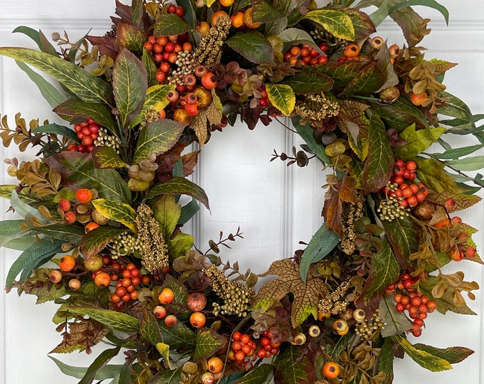 Fall Wreath for Front Door, Fall Foliage and Berries 24" - Etsy