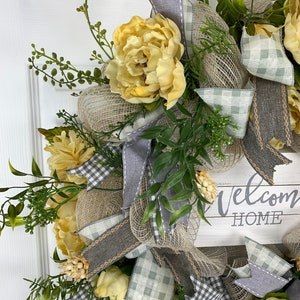 Welcome Home Yellow and Gray Mesh Wreath With Ribbon and Flowers - Etsy