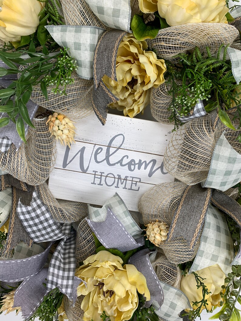 Welcome Home Yellow and Gray Mesh Wreath With Ribbon and - Etsy