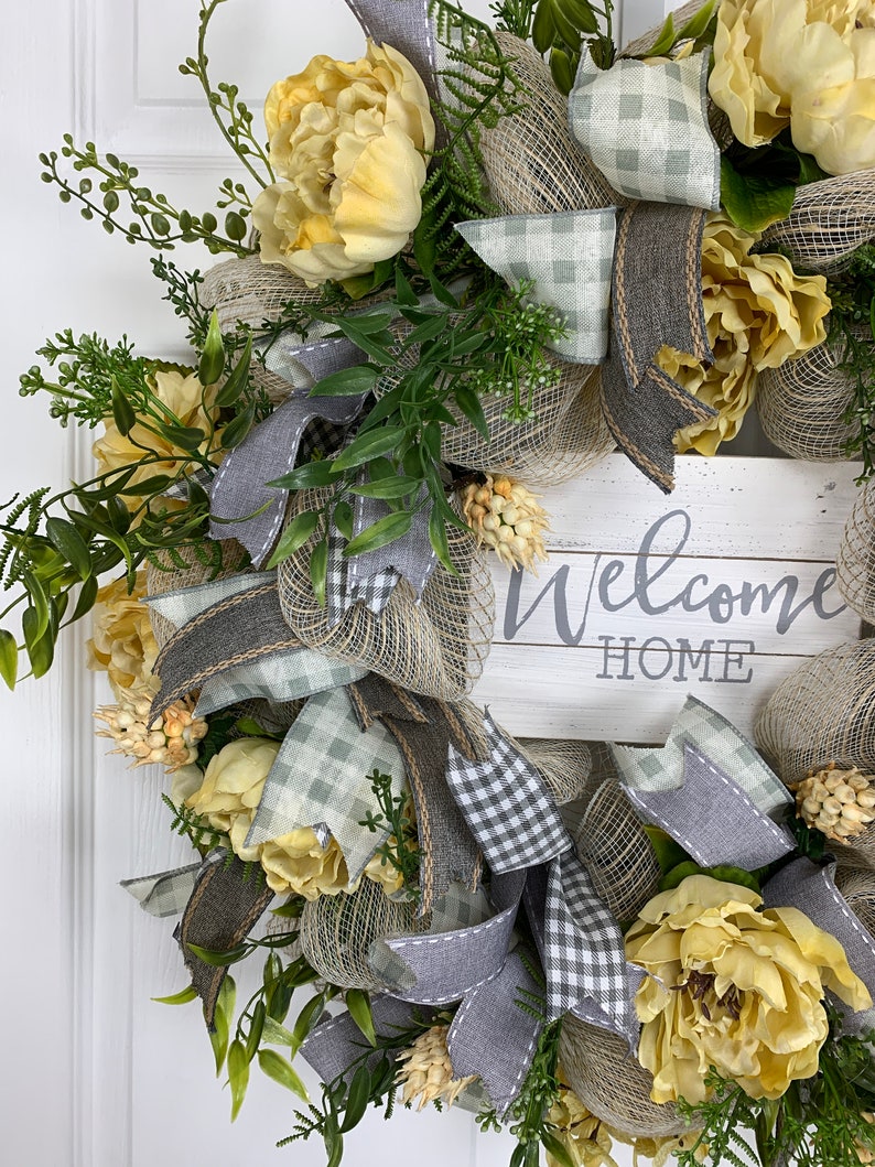 Welcome Home Yellow and Gray Mesh Wreath With Ribbon and | Etsy