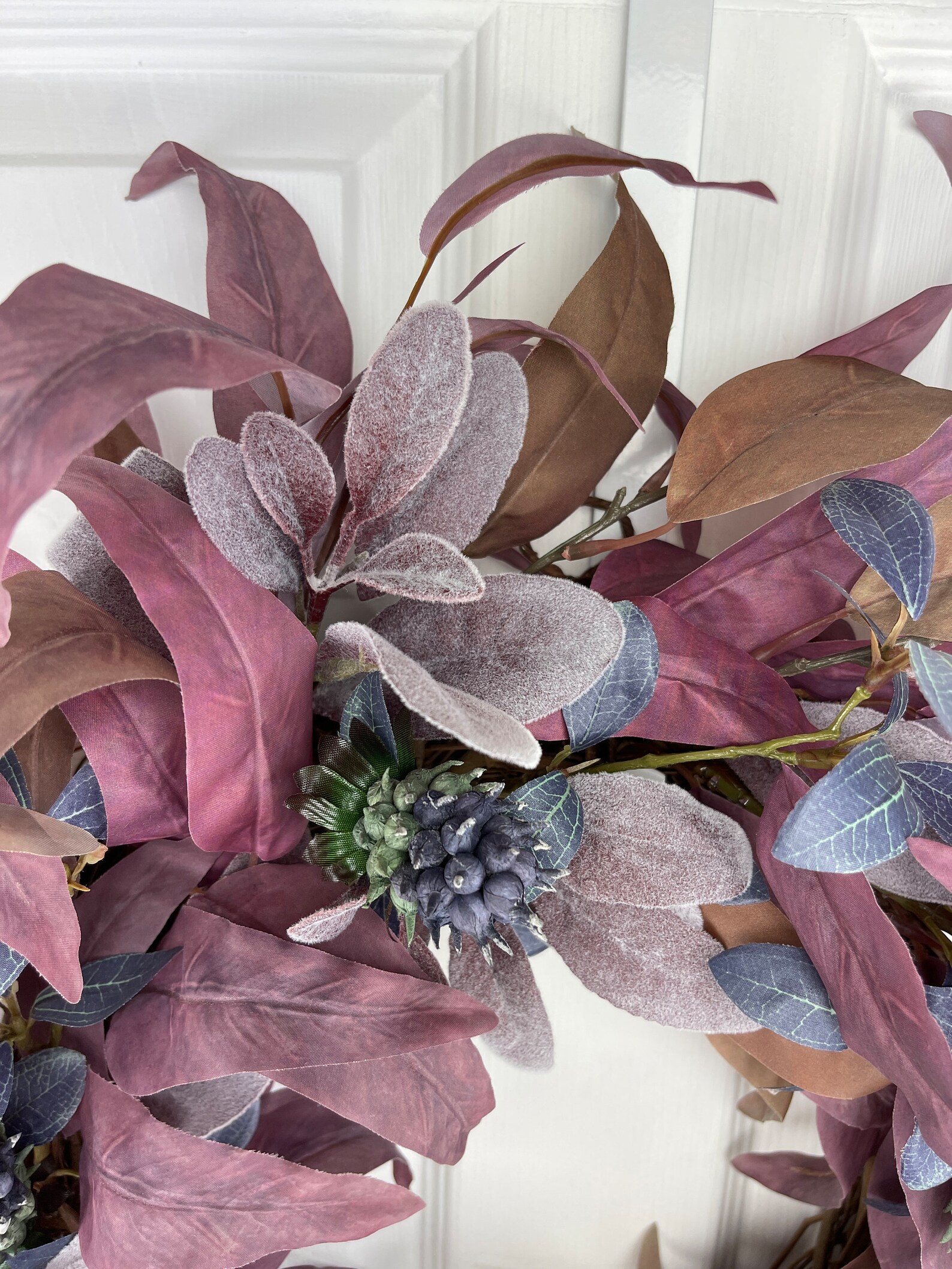 Fall Wreath for Front Door, Purple Autumn Leaves, Lamb's Ear and Cynara ...