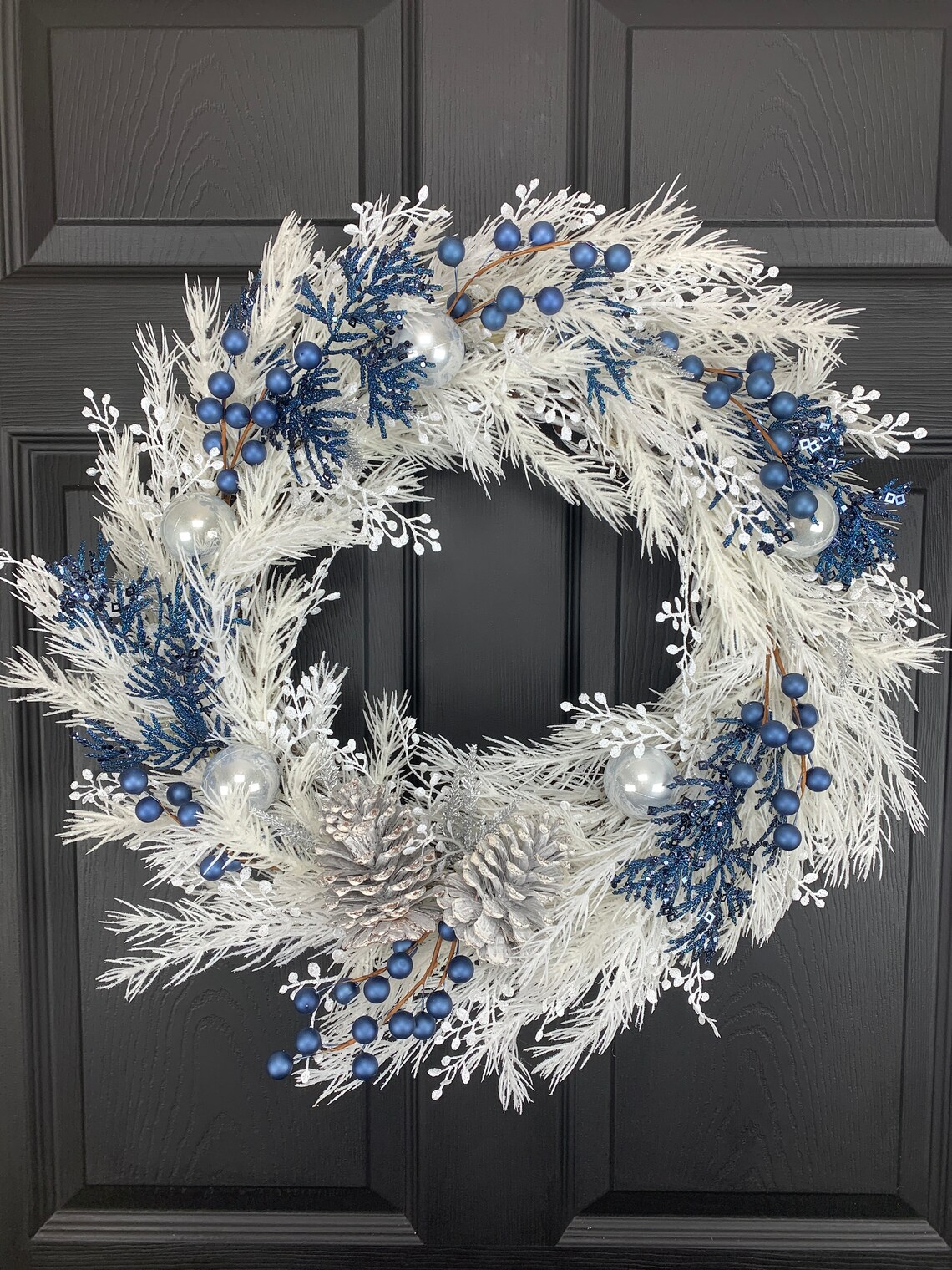 White and Blue Christmas Wreath Silver Ornaments and Blue - Etsy