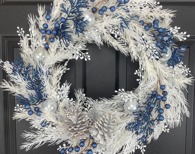 White and Blue Christmas Wreath, Silver Ornaments and Blue Berries - Etsy