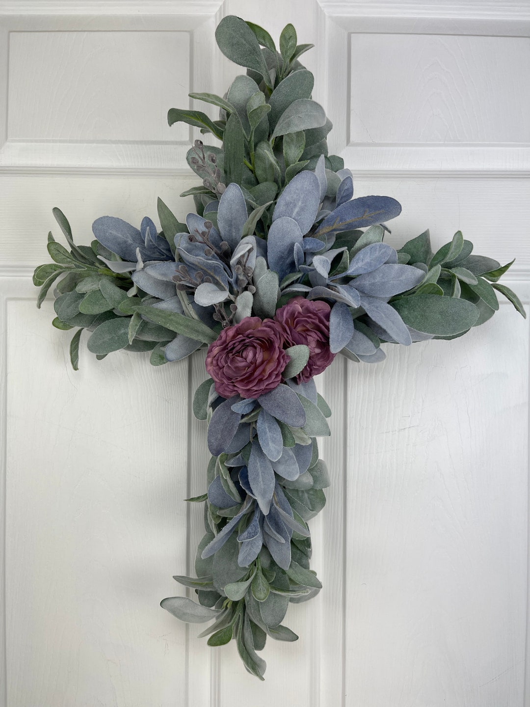 Cross Wreath for Front Door, Easter Wreath, Lamb's Ear and Rose Cross ...