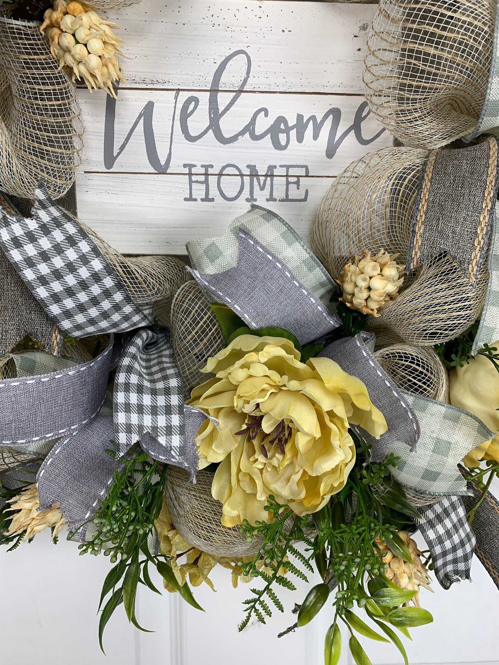 Welcome Home Yellow and Gray Mesh Wreath with Ribbon and | Etsy