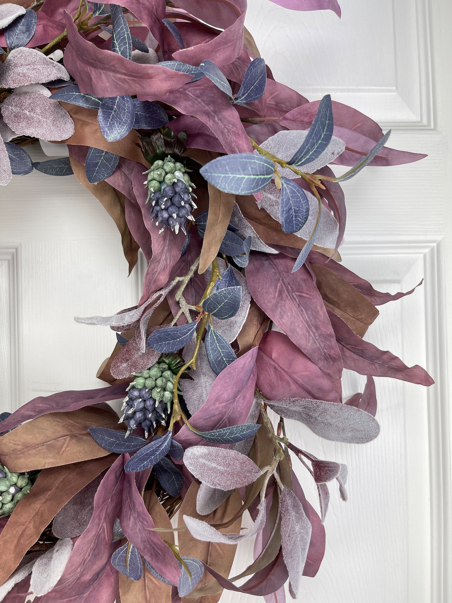 Fall Wreath for Front Door, Purple Autumn Leaves, Lamb's Ear and Cynara ...