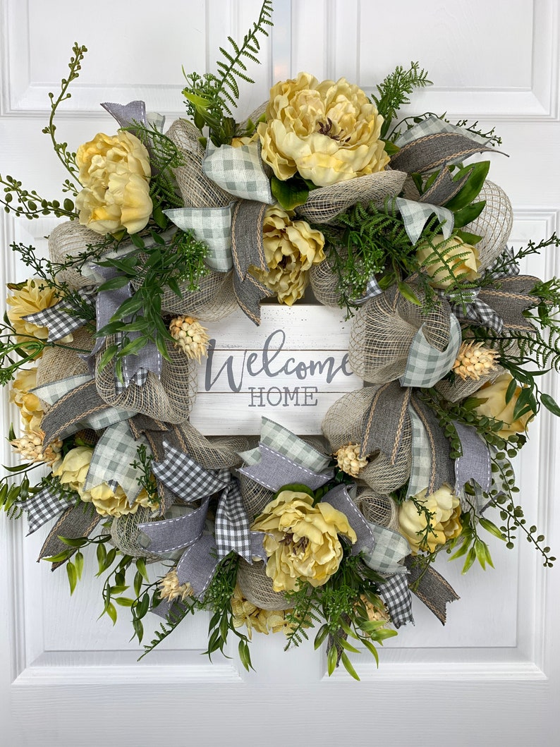 Welcome Home Yellow and Gray Mesh Wreath With Ribbon and - Etsy