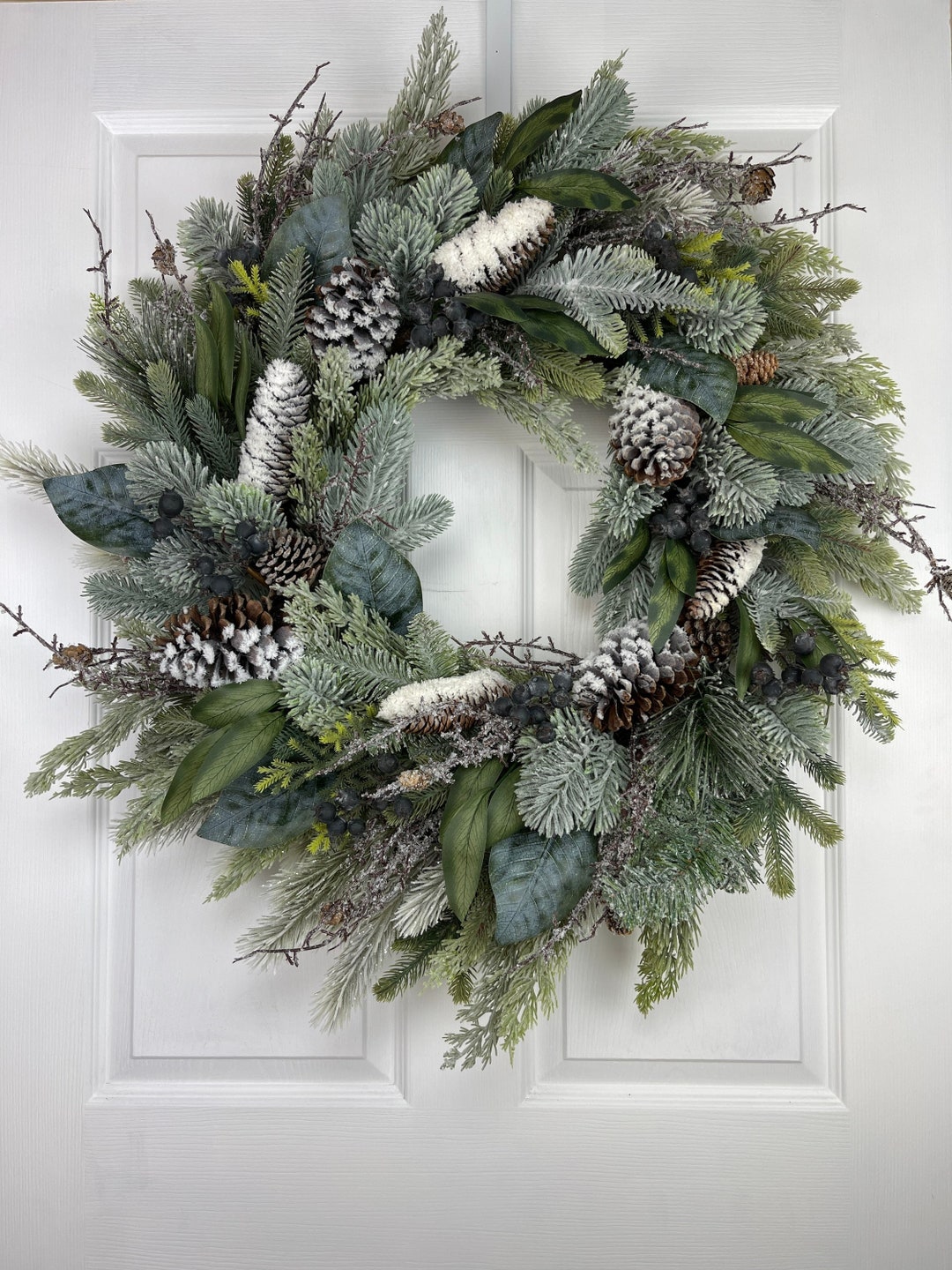 Christmas Wreath for Front Door, Winter Greenery, Snowy Pinecones, and ...