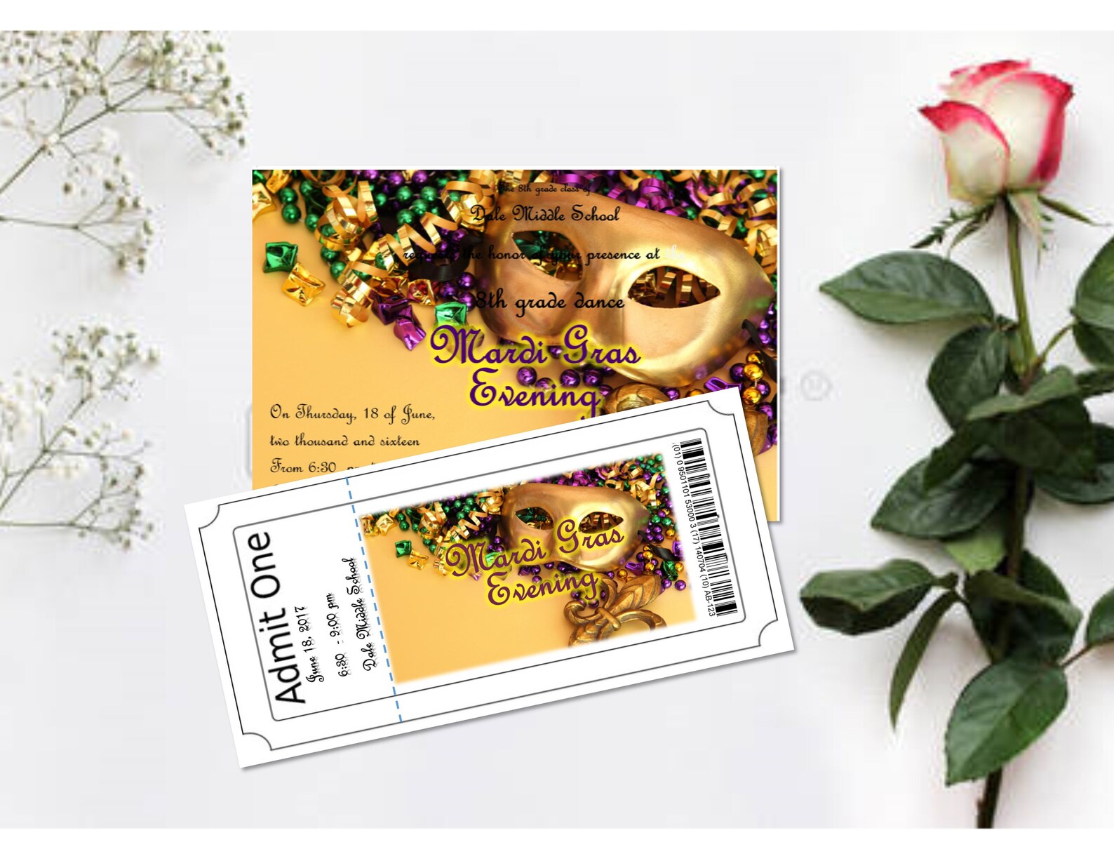Mardi Gras Evening - School Dance/prom-homecoming Invitation and Ticket ...