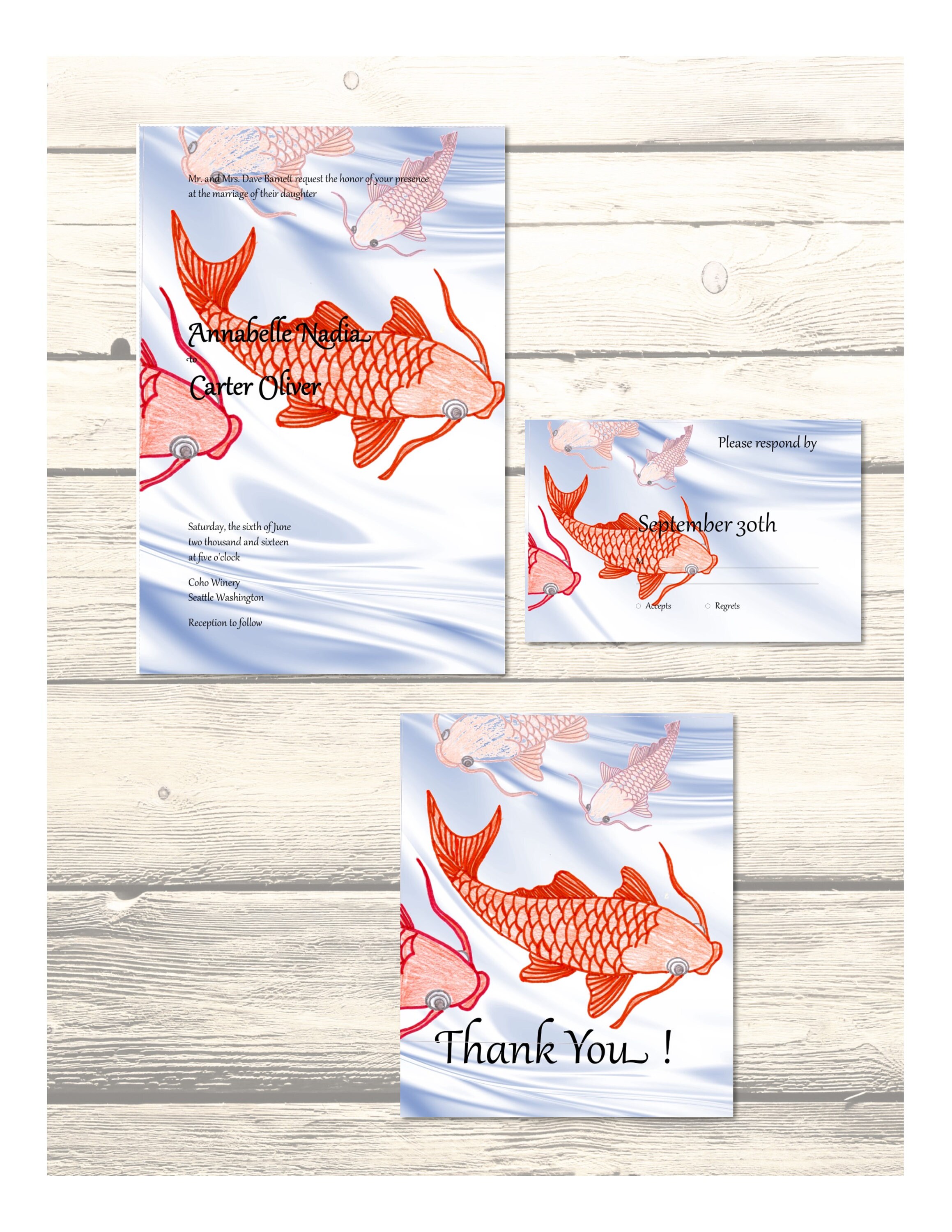 Set of Koi Fish Wedding Invitation, RSVP & Thank You Cards Customizable ...