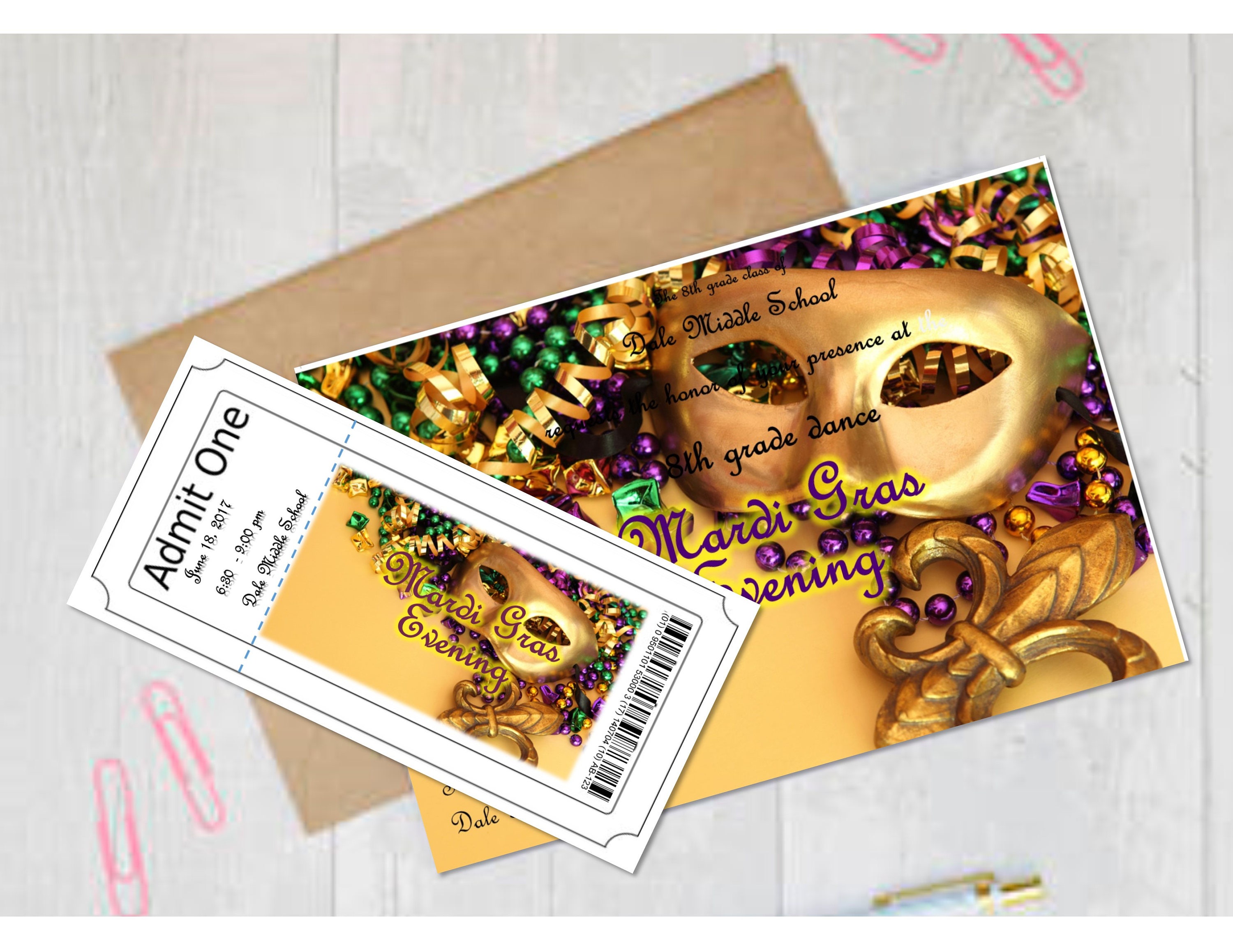 Mardi Gras Evening - School Dance/prom-homecoming Invitation and Ticket ...