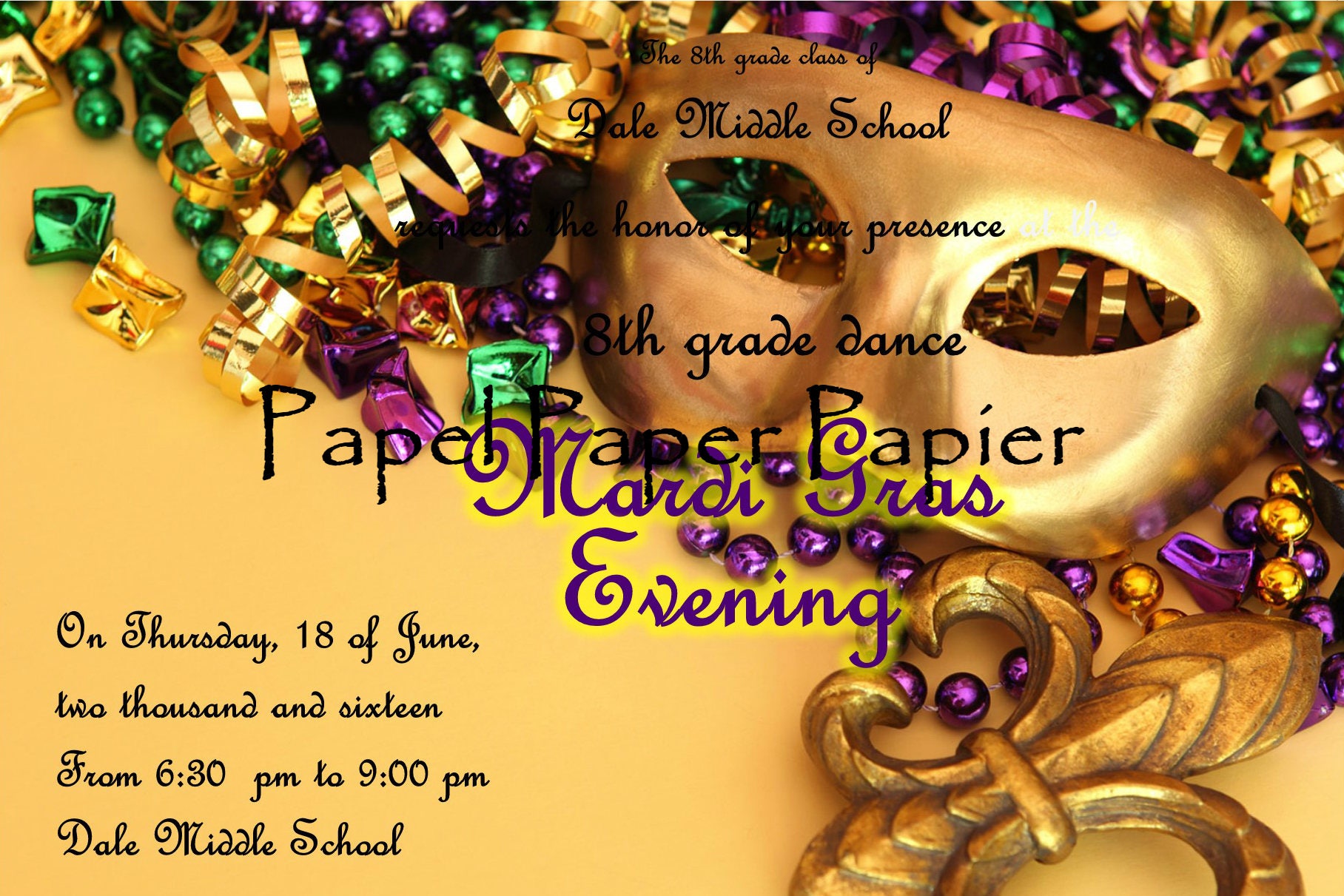 Mardi Gras Evening School Dance/prom-homecoming Invitation and Ticket ...