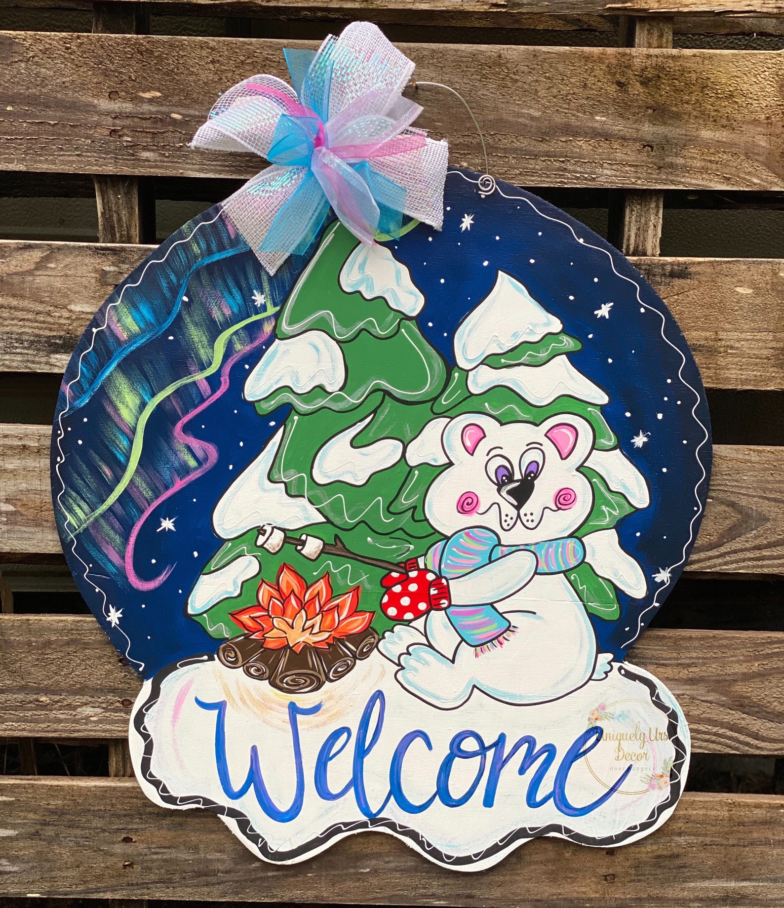 Campfire Polar Bear, Door Hanger, Winter Door Hanger - Etsy