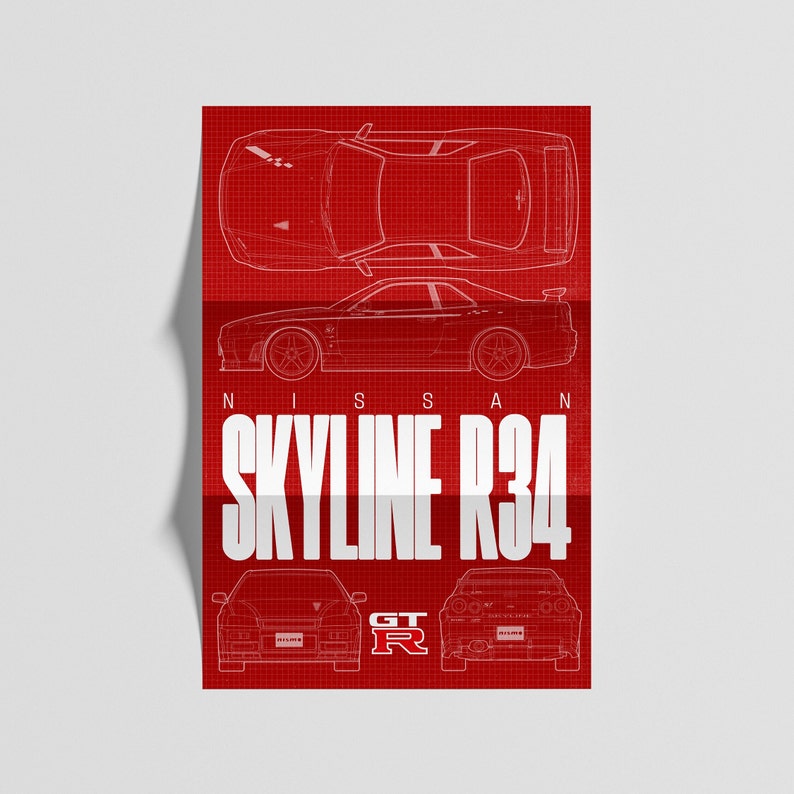 Nissan Skyline R34 GT-R JDM Active Red Blueprint - Etsy