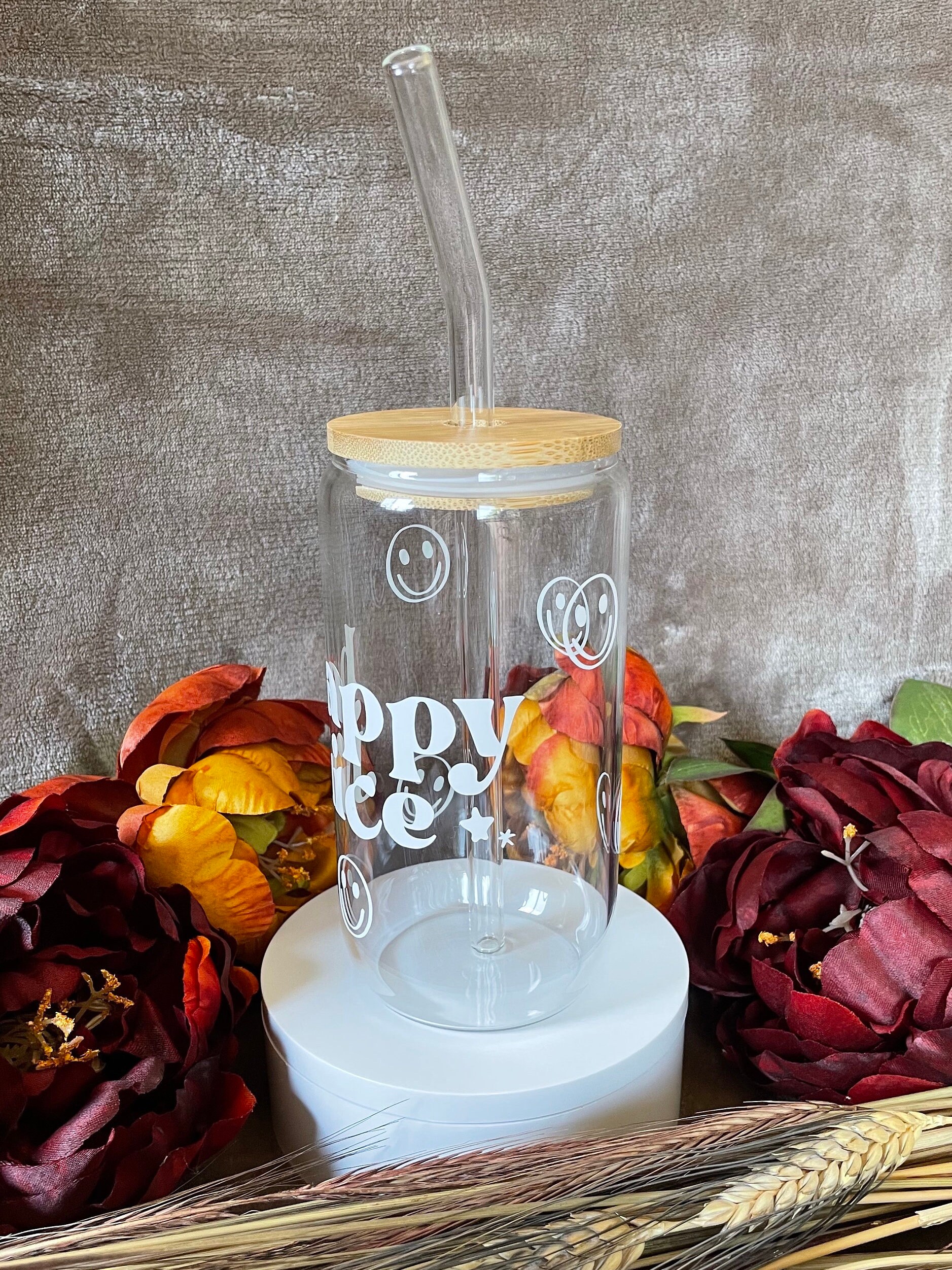 Happy Juice Smiley Face Glass Beer Can 16 Oz Tumbler Cup With Glass ...