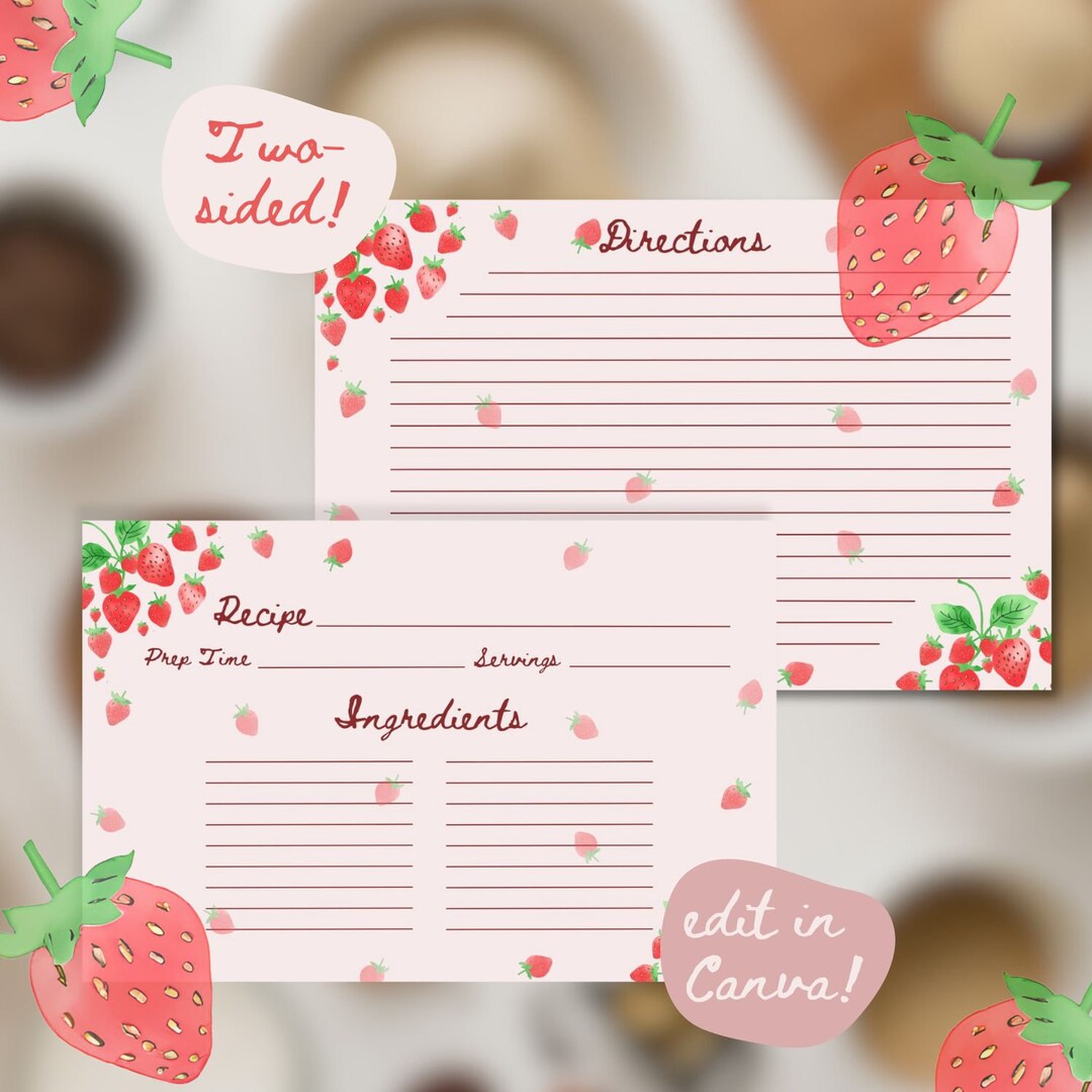 Strawberry Theme Recipe Card | 6"x4" Recipe Card | Customizable ...