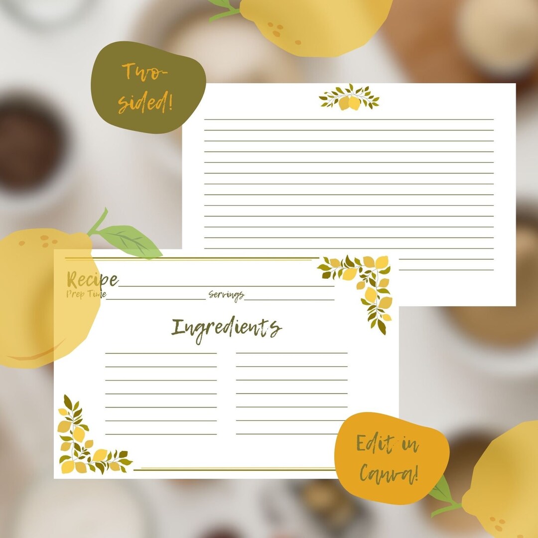 Lemon Theme Recipe Card | 6"x4" Recipe Card | Customizable Template ...