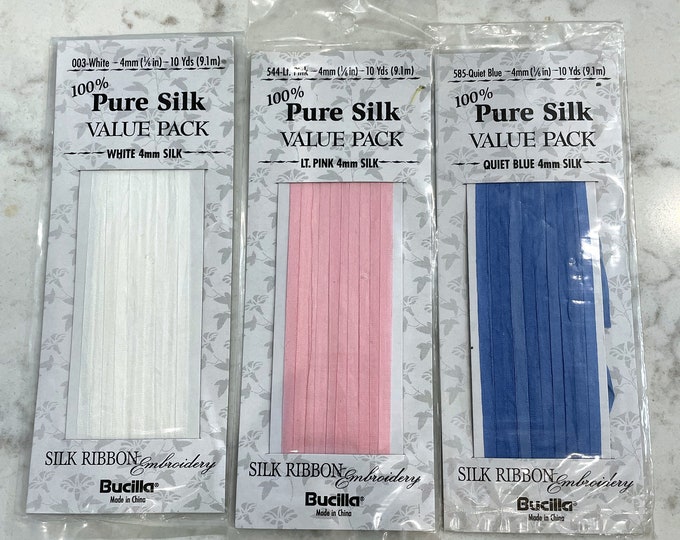 Pure Silk Ribbon Value Pack Bucilla 10 Yards / 9.1 Meters White Blue ...