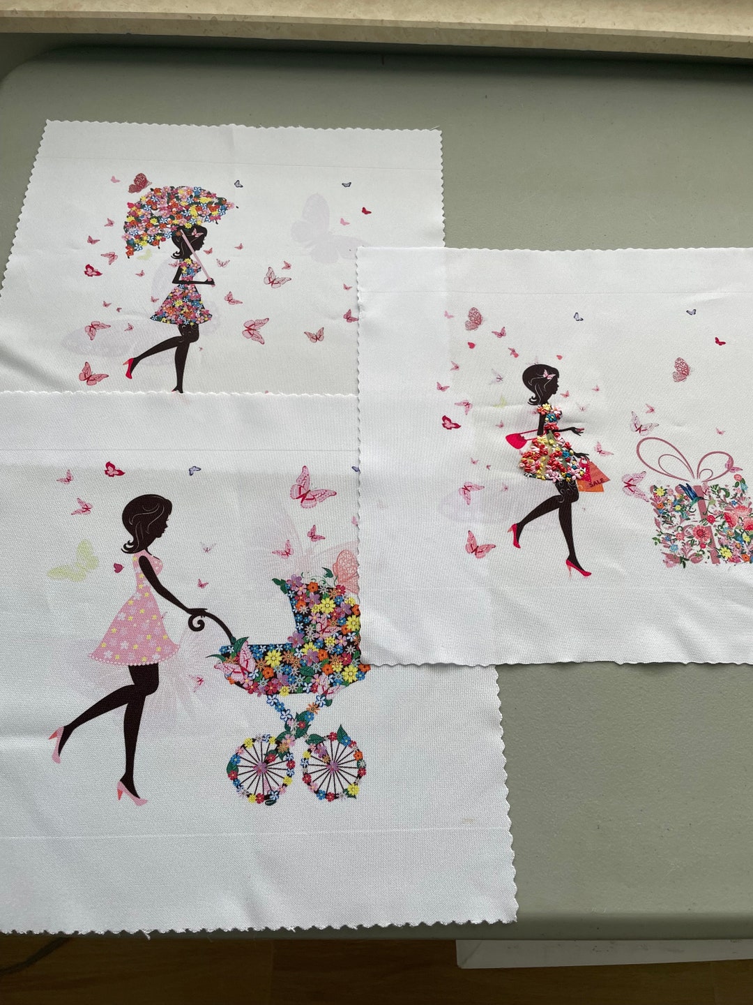 Ribbon Embroidery Blueprint on Fabric Print Image 3D Art Form Triptych ...