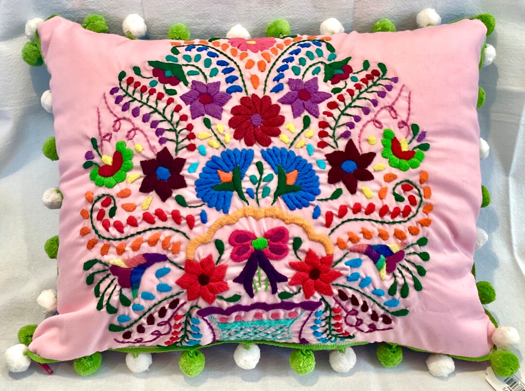 Pink Mexican Embroidered Boudoir Pillow With Flowers - Etsy