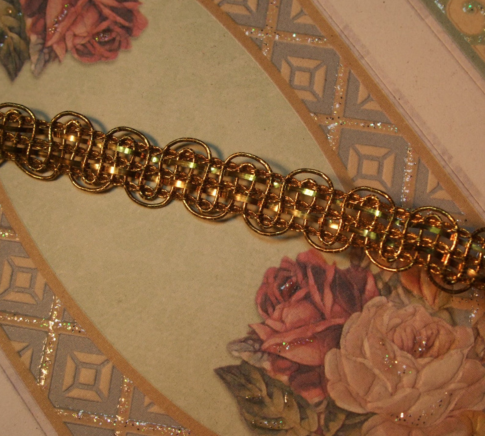 Antique Vintage Gold Metal Narrow Ribbon Braid Lace Trim 3/8" = 9,5 Mm ...