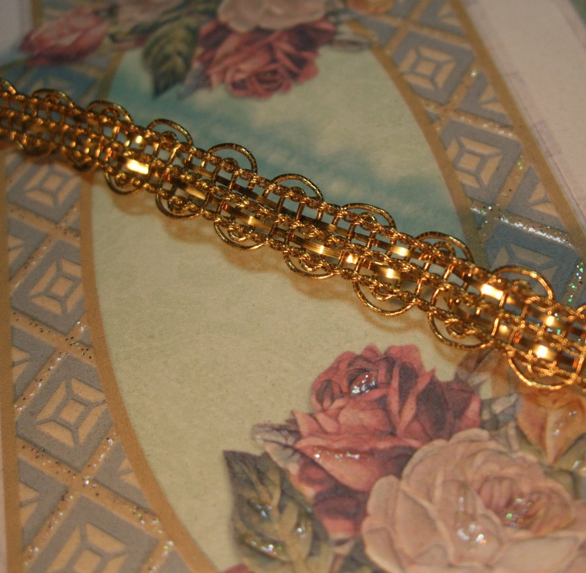 Antique Vintage Gold Metal Narrow Ribbon Braid Lace Trim 3/8" = 9,5 Mm ...