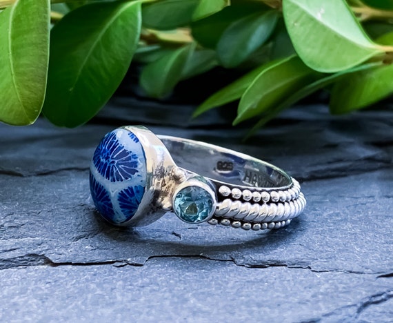 Vintage Havana Sterling Silver Blue Coral Blue Topaz Ring Size 8 Sterling Silver Blue Topaz Ring Tropical Sterling Jewelry Blue Ring