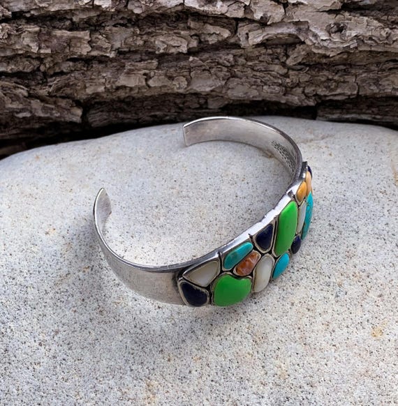 Vintage Southwest Sterling Silver Multi Gemstone Cuff… - Gem