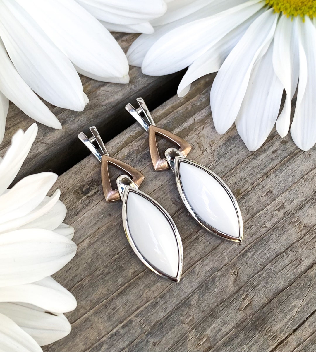 Vintage Modernist Rose Gold Sterling Silver White Enamel Earrings ...