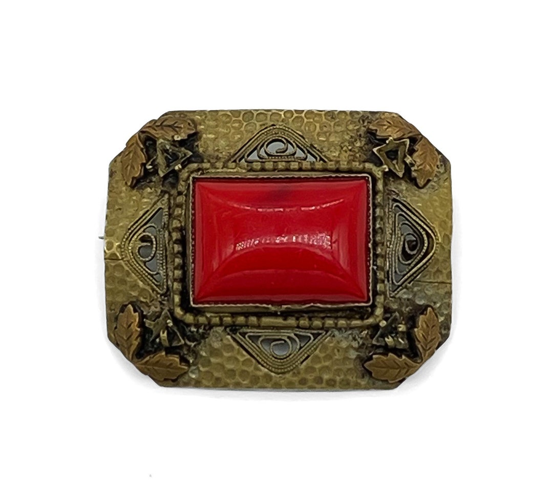 Antique Art Deco Brass Red Art Glass Rectangle Pin Brooch/ Art Deco ...