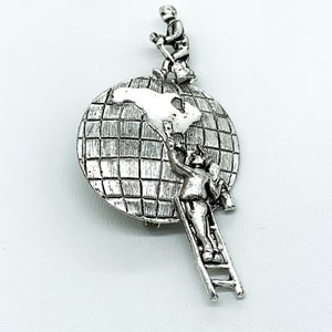 Vintage Mid Century Paint the World Globe Earth Silver Tone Pin Brooch ...