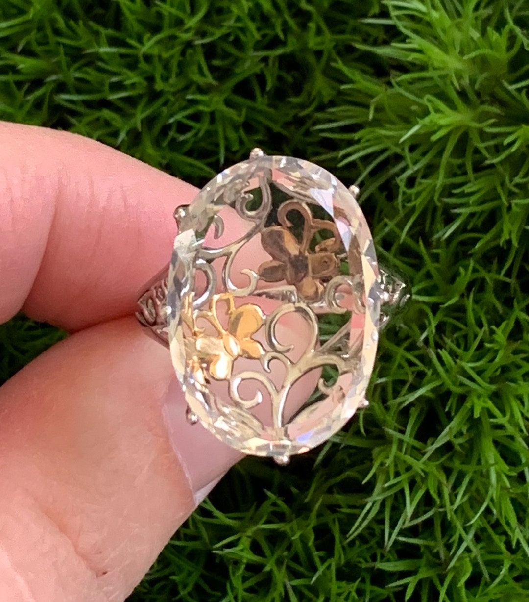 Vintage Sterling Silver Butterfly Scroll Rock Crystal Quartz Ring Size ...