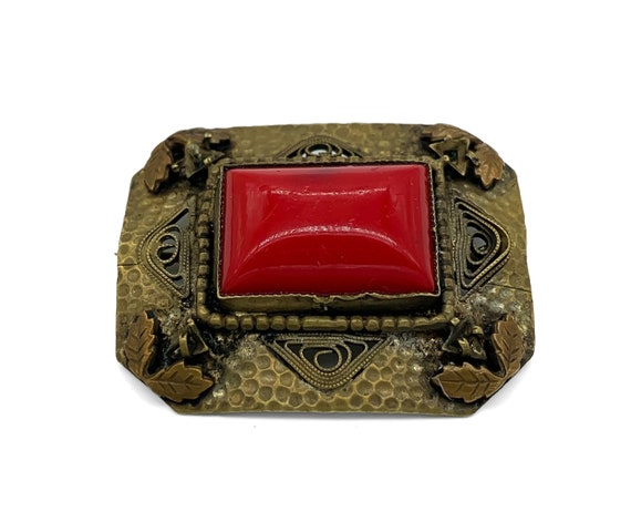 Antique Art Deco Brass Red Art Glass Rectangle Pin Br… - Gem