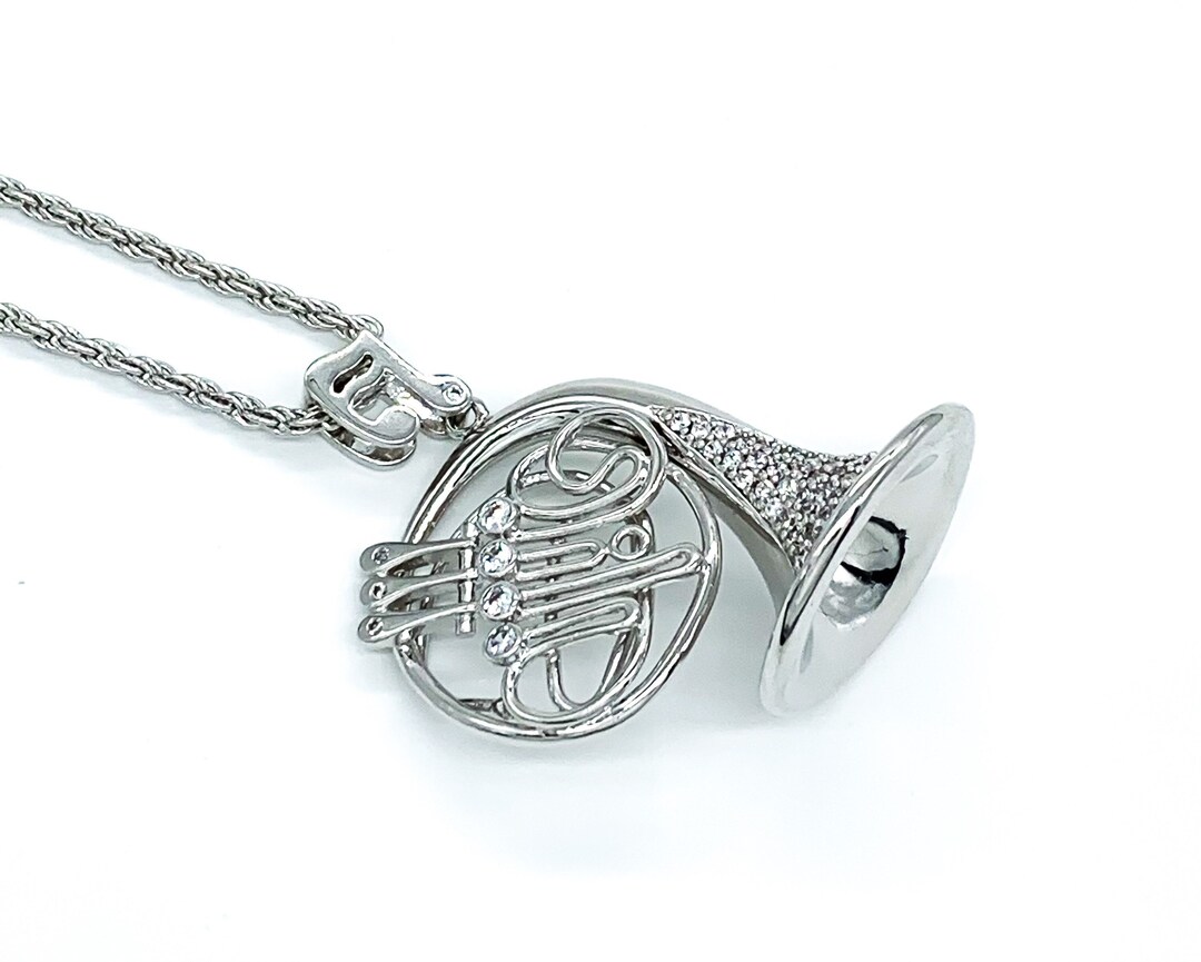 Vintage Silver Tone Horn Pendant Necklace: Rhinestone Crystal Musical ...