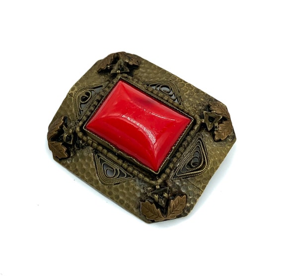 Antique Art Deco Brass Red Art Glass Rectangle Pin Br… - Gem