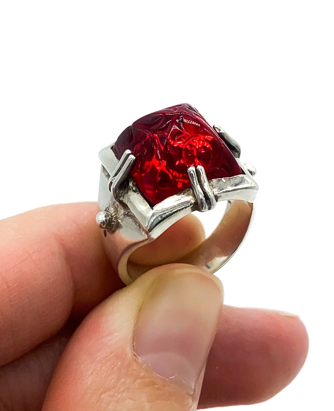 Vintage Artisan Brutalist Sterling Silver Red Glass Sugarloaf Ring Size ...