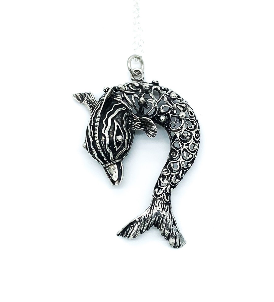 Victorian Italian 800 Silver Dolphin Pendant Necklace, 23" Ornate Fish ...