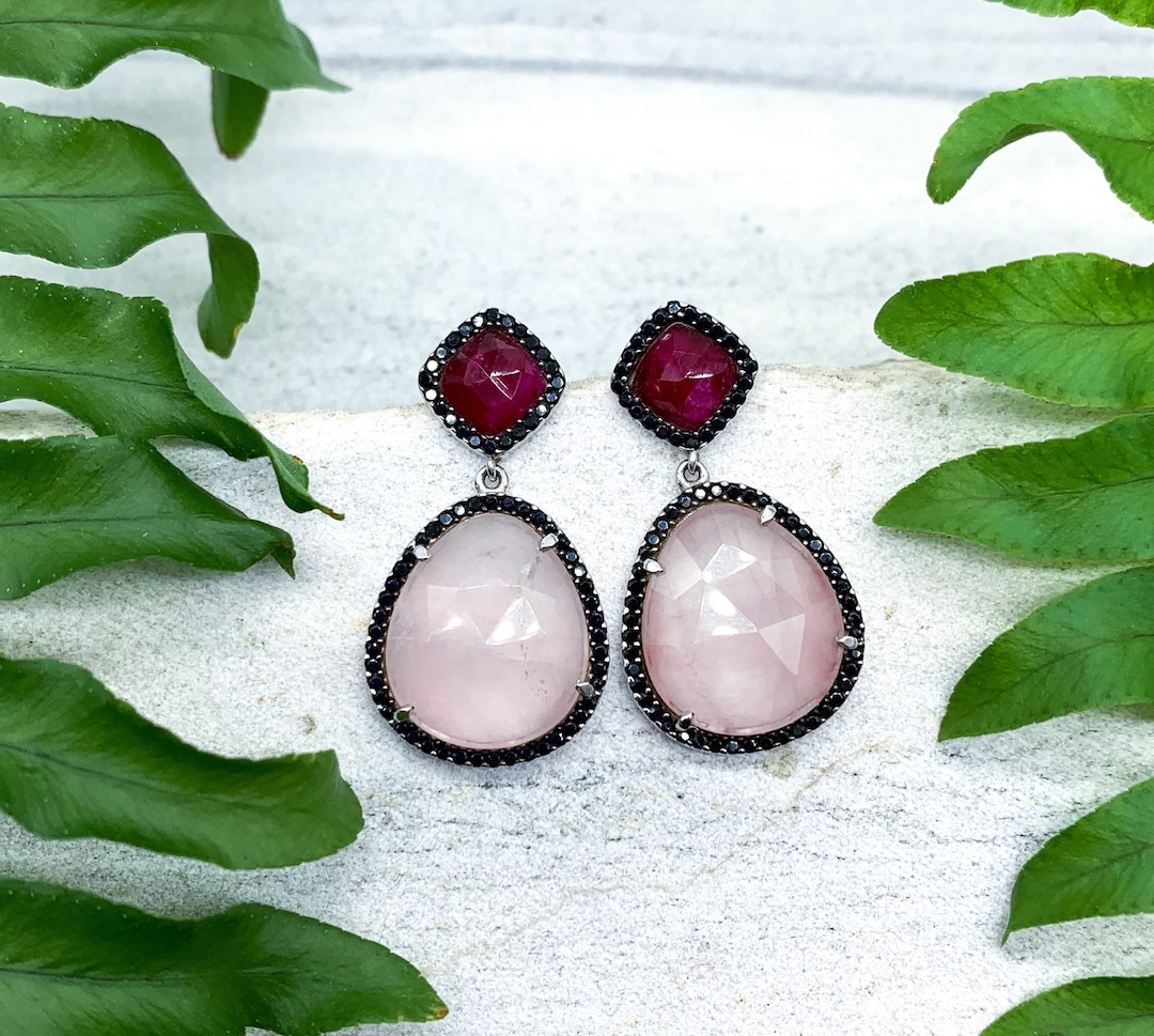 Sterling Silver Ruby Rose Quartz Black Spinel Earrings/ Gemstone ...