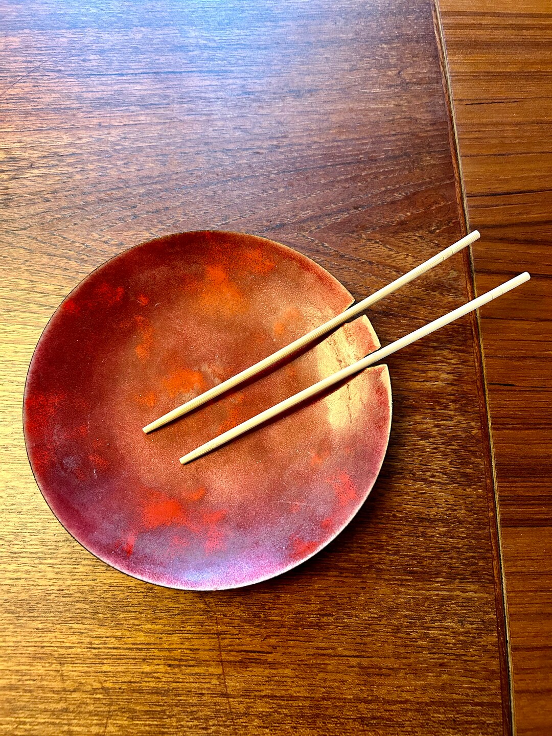 Vintage Copper Enamel Plate With Chopsticks - Etsy