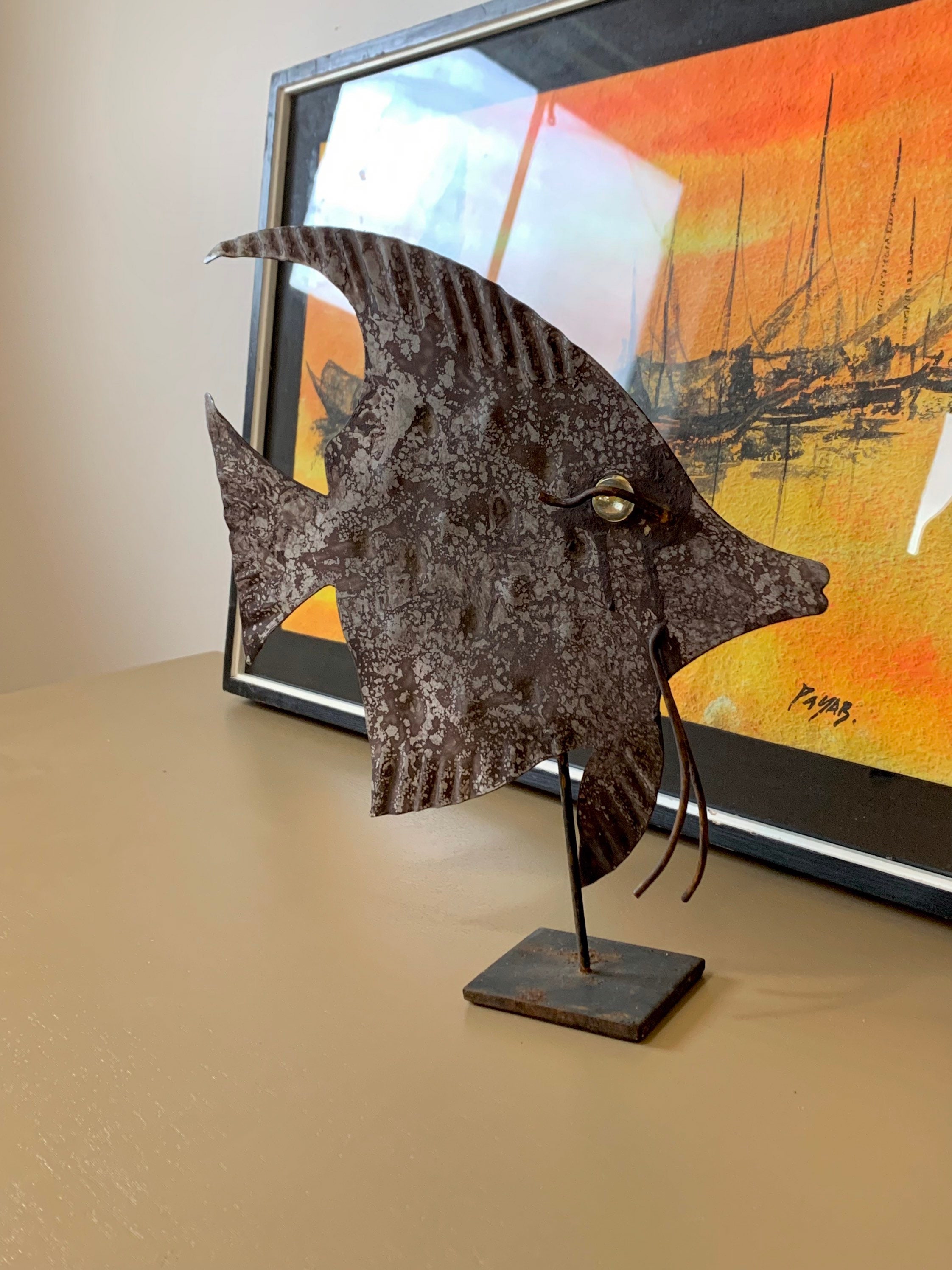 Figurines Sculpture Rustic Distressed Metal Angelfish Sculpture etna.com.pe
