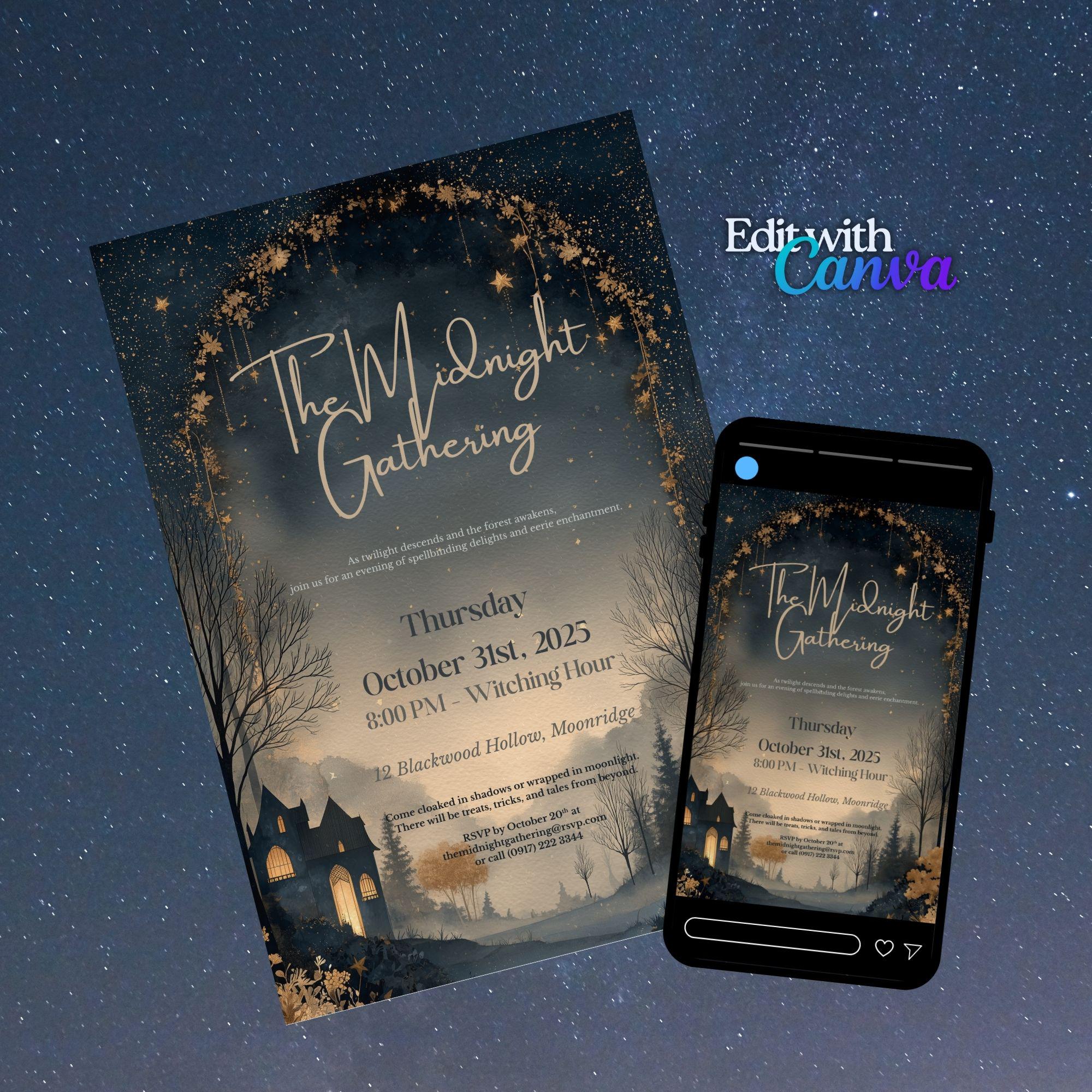 Editable Midnight Gathering Invitation: Magical, Celestial, or Gothic ...