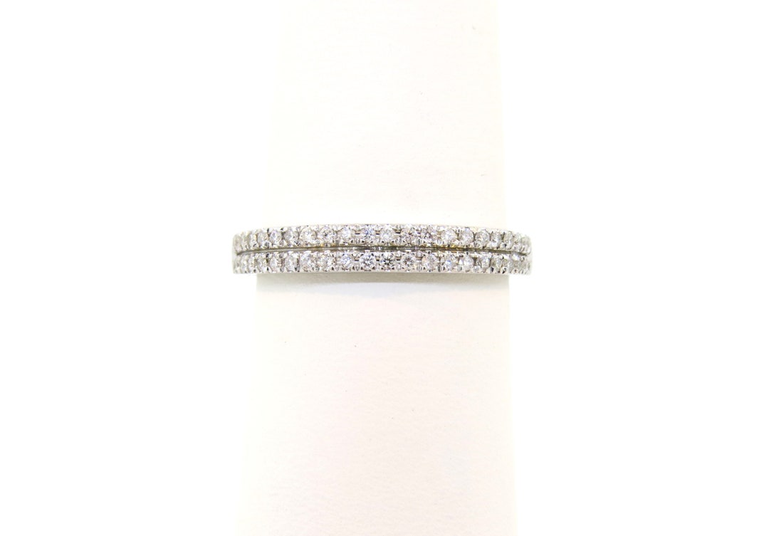 14K White Gold Diamond Wedding Band, Two Row Pave Anniversary Ring - Etsy