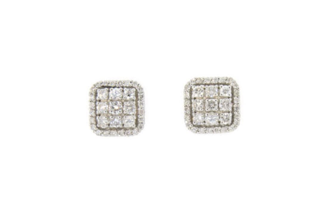 14K White Gold 0.95ct Diamond Square Shaped Earrings / Cluster Stud ...