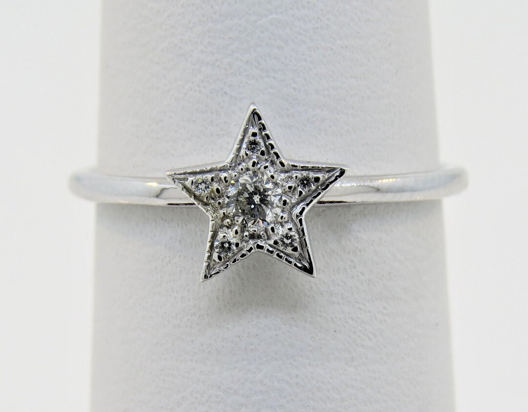14K White Gold 0.08ct Diamond Star Ring Stackable Ring Star Shaped ...