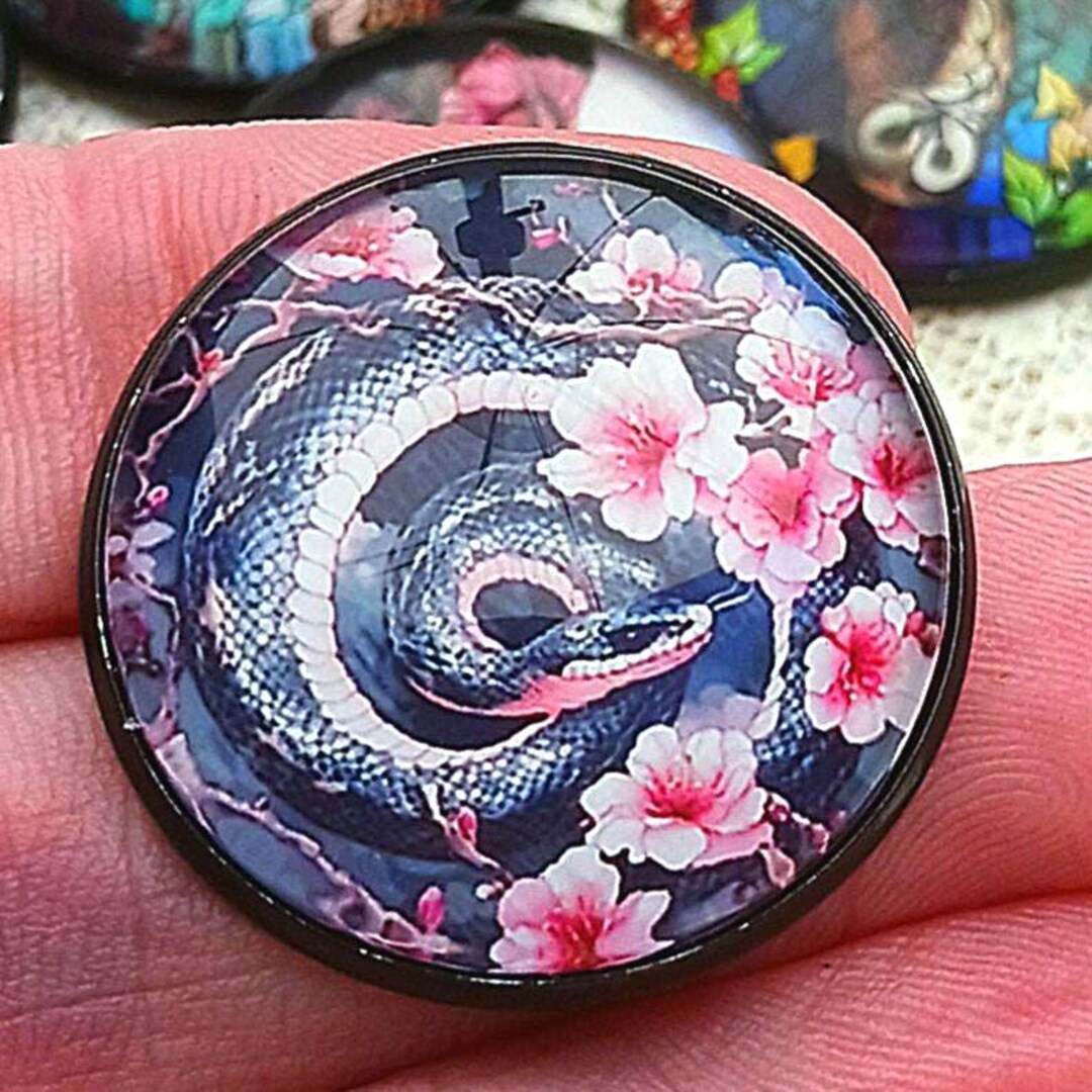 Modern Glass Dome Button 1 Inch Snake and Cherry Blossom Flowers Image ...