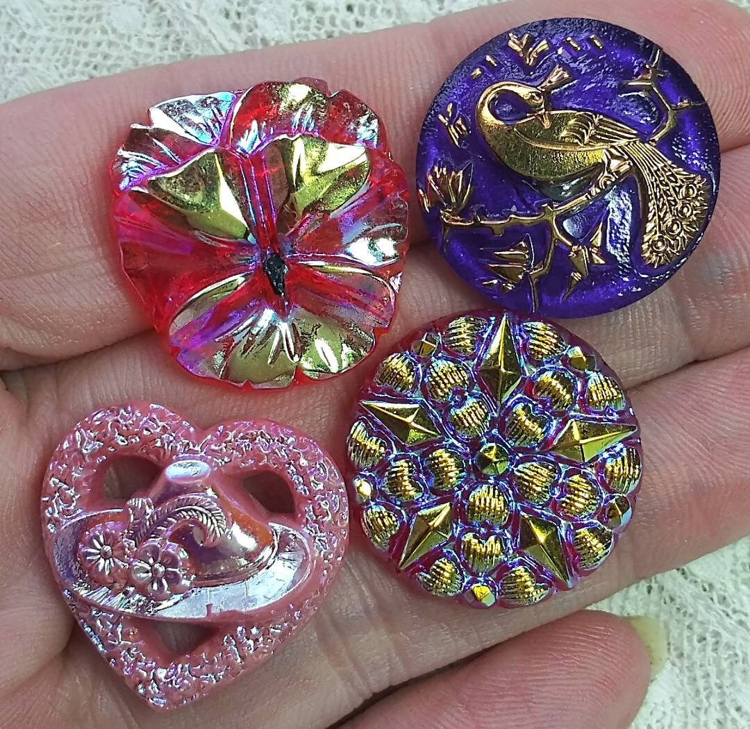 4 New Czech Art Glass Buttons Fancy Lacy, Painted and Lustered Floral ...