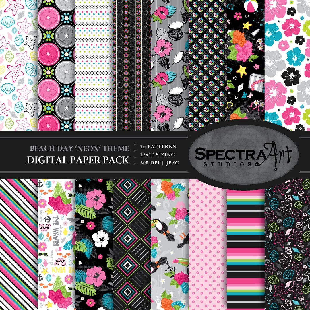 Tropical *neon Beach* Theme Digital Paper Pack | Printable Scrapbook ...