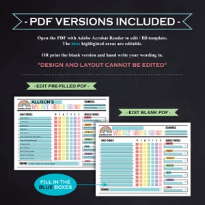 Editable Kids Chore Chart rainbow Bright Theme Printable Daily Weekly ...