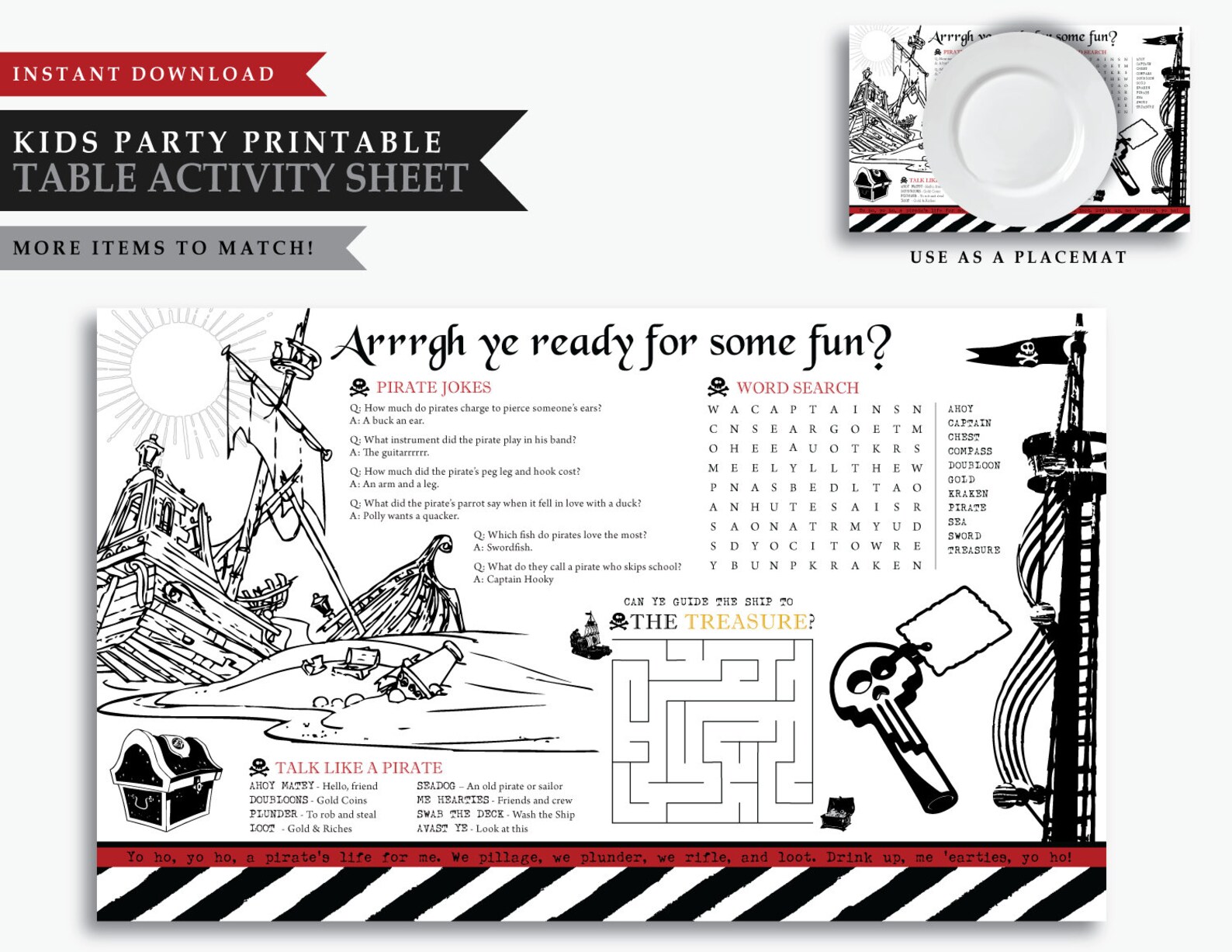 Pirate 'AHOY Matey' Theme printable Kids Coloring | Etsy